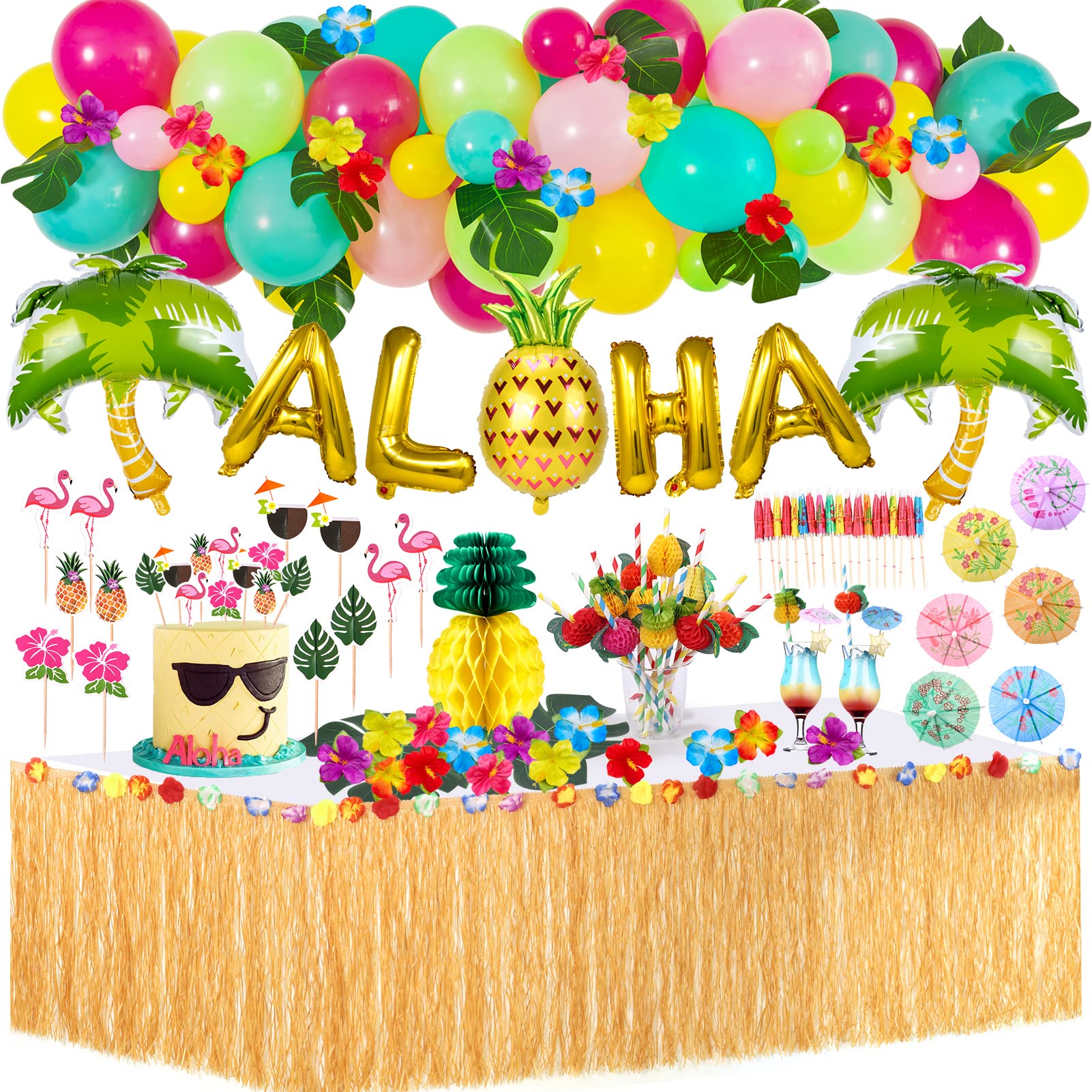 Golray Tropical Luau Party Decorations Hawaiian Summer Beach Pool Birthday Supplies, Grass Table Skirt Aloha Balloon Arch & Pineapple Flamingo Umbrella Cupcake Toppers Straws Palm Tree Leaves Hibiscus