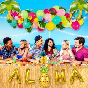 Golray Tropical Luau Party Decorations Hawaiian Summer Beach Pool Birthday Supplies, Grass Table Skirt Aloha Balloon Arch & Pineapple Flamingo Umbrella Cupcake Toppers Straws Palm Tree Leaves Hibiscus