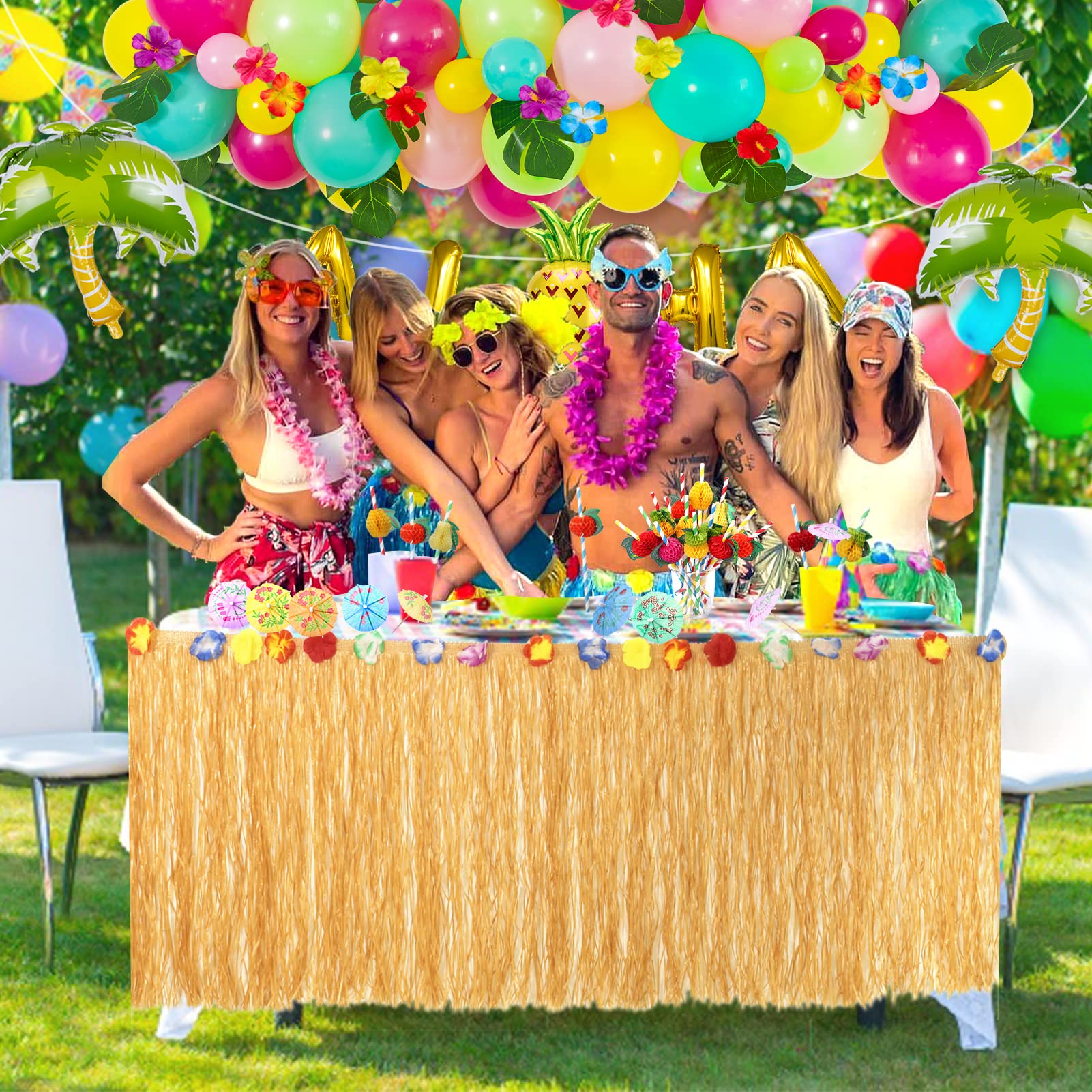 Golray Tropical Luau Party Decorations Hawaiian Summer Beach Pool Birthday Supplies, Grass Table Skirt Aloha Balloon Arch & Pineapple Flamingo Umbrella Cupcake Toppers Straws Palm Tree Leaves Hibiscus