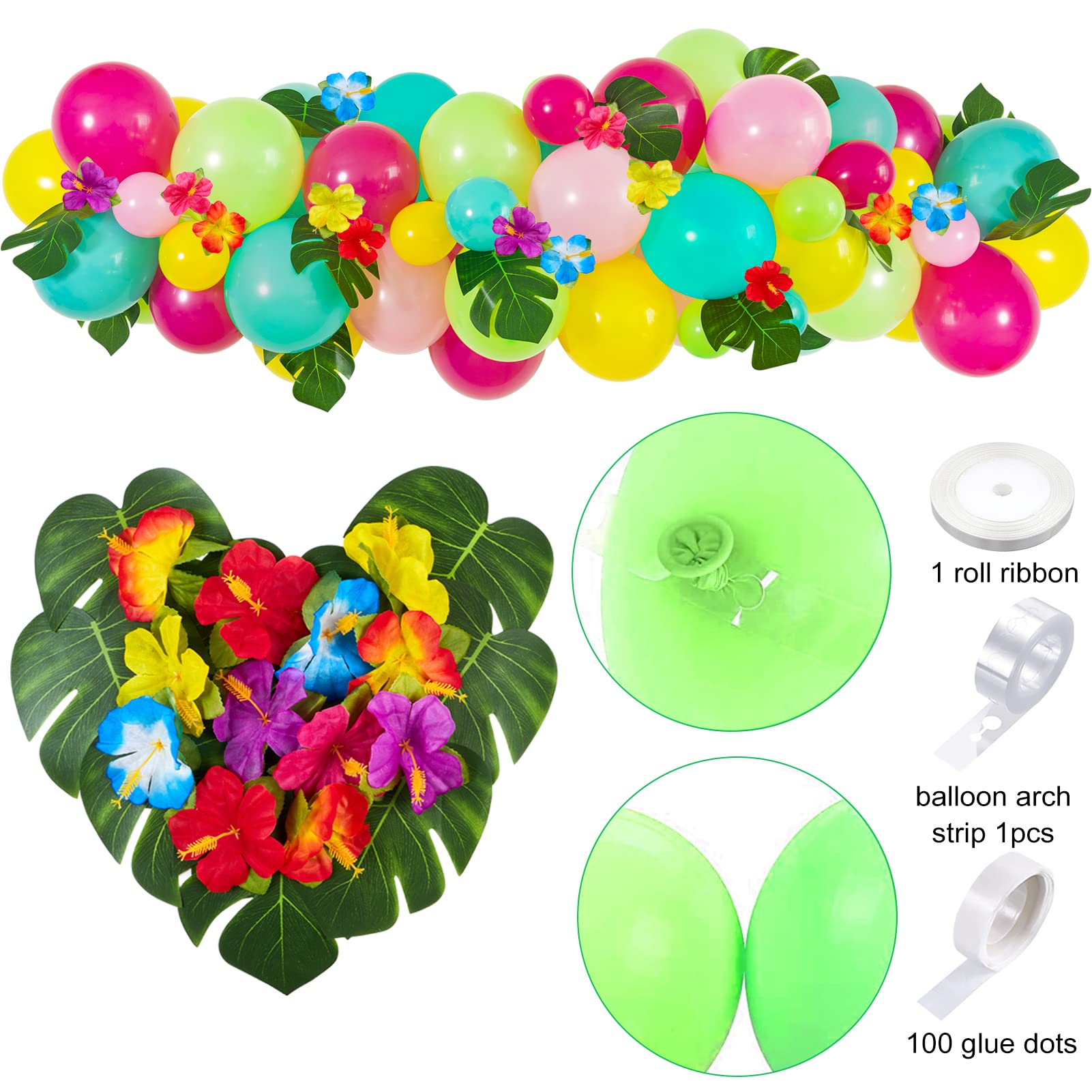 Golray Tropical Luau Party Decorations Hawaiian Summer Beach Pool Birthday Supplies, Grass Table Skirt Aloha Balloon Arch & Pineapple Flamingo Umbrella Cupcake Toppers Straws Palm Tree Leaves Hibiscus