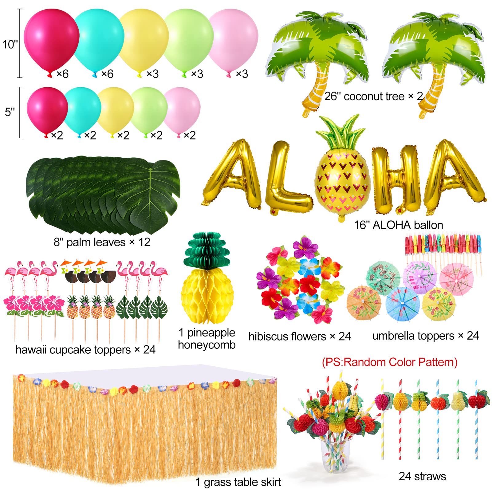 Golray Tropical Luau Party Decorations Hawaiian Summer Beach Pool Birthday Supplies, Grass Table Skirt Aloha Balloon Arch & Pineapple Flamingo Umbrella Cupcake Toppers Straws Palm Tree Leaves Hibiscus