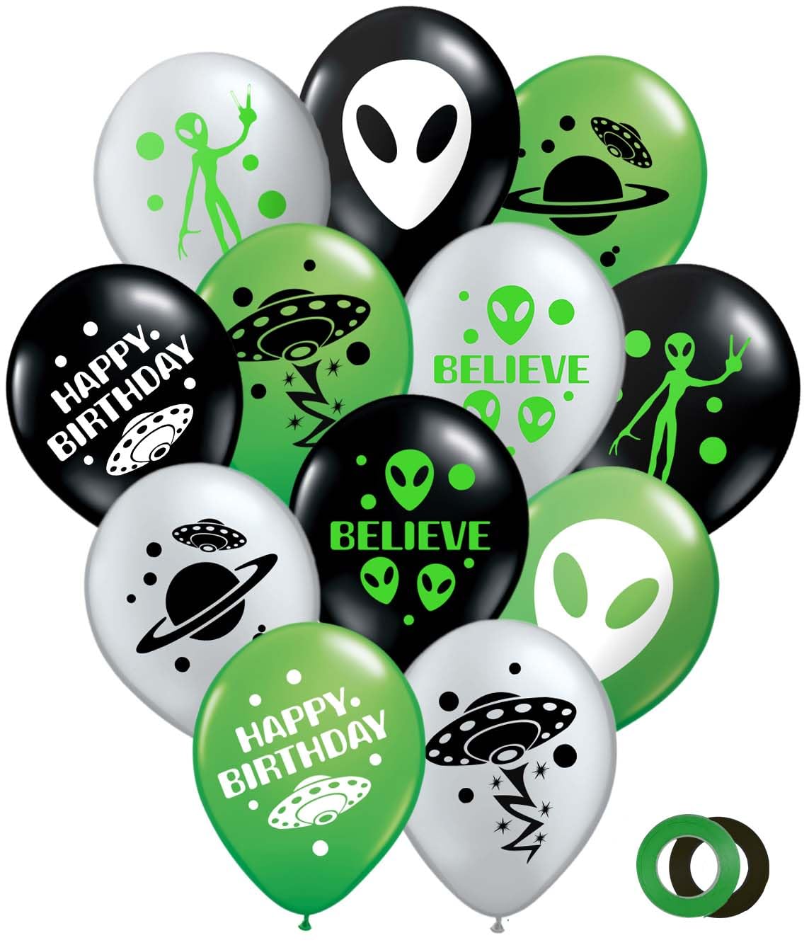 Gypsy Jade's Alien Party Balloons - 30 Green, Black and Gray UFO Outer Space Aliens Decorations