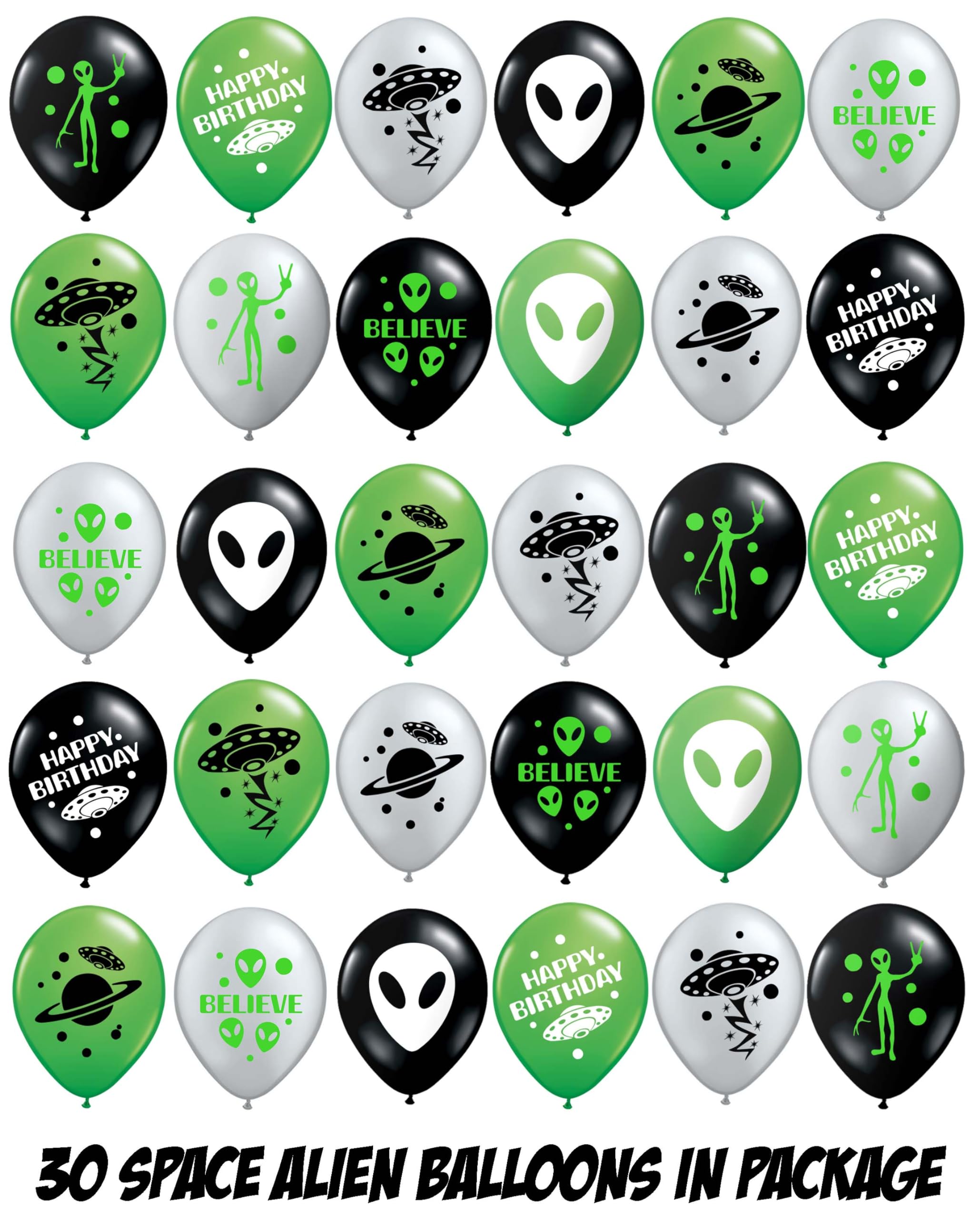 Gypsy Jade's Alien Party Balloons - 30 Green, Black and Gray UFO Outer Space Aliens Decorations