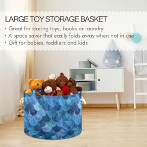 MNSRUU Storage Basket 20"x14" Navy Blue Mermaid Scales Round Storage Organizer Basket with Handles, Fabric Nursery Laundry Basket Large Capacity