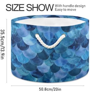 MNSRUU Storage Basket 20"x14" Navy Blue Mermaid Scales Round Storage Organizer Basket with Handles, Fabric Nursery Laundry Basket Large Capacity