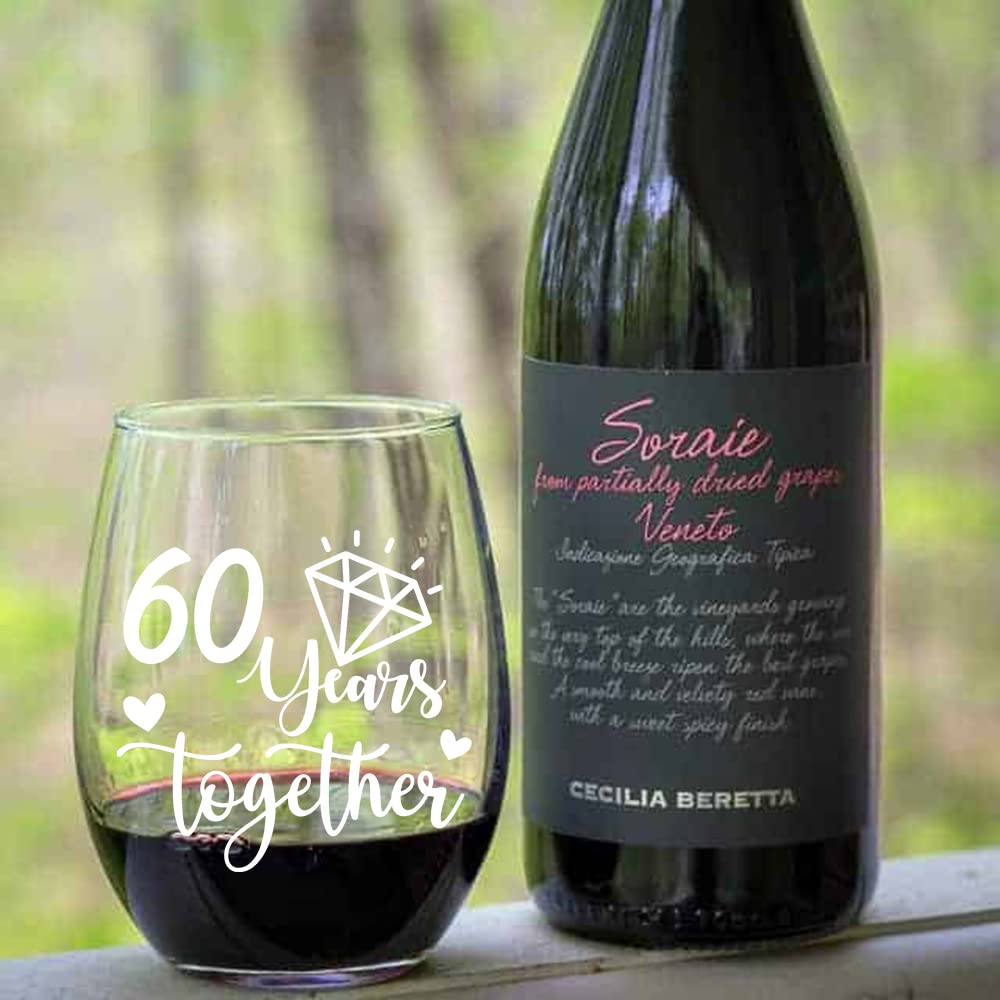 AGMDESIGN Happy 60th Anniversary Wine Glass, 60 Years Together, Wedding Engagement Gifts for Women Men, 60 Year Anniversary Party Decor, His And Hers Gifts Ideas for Anniversary