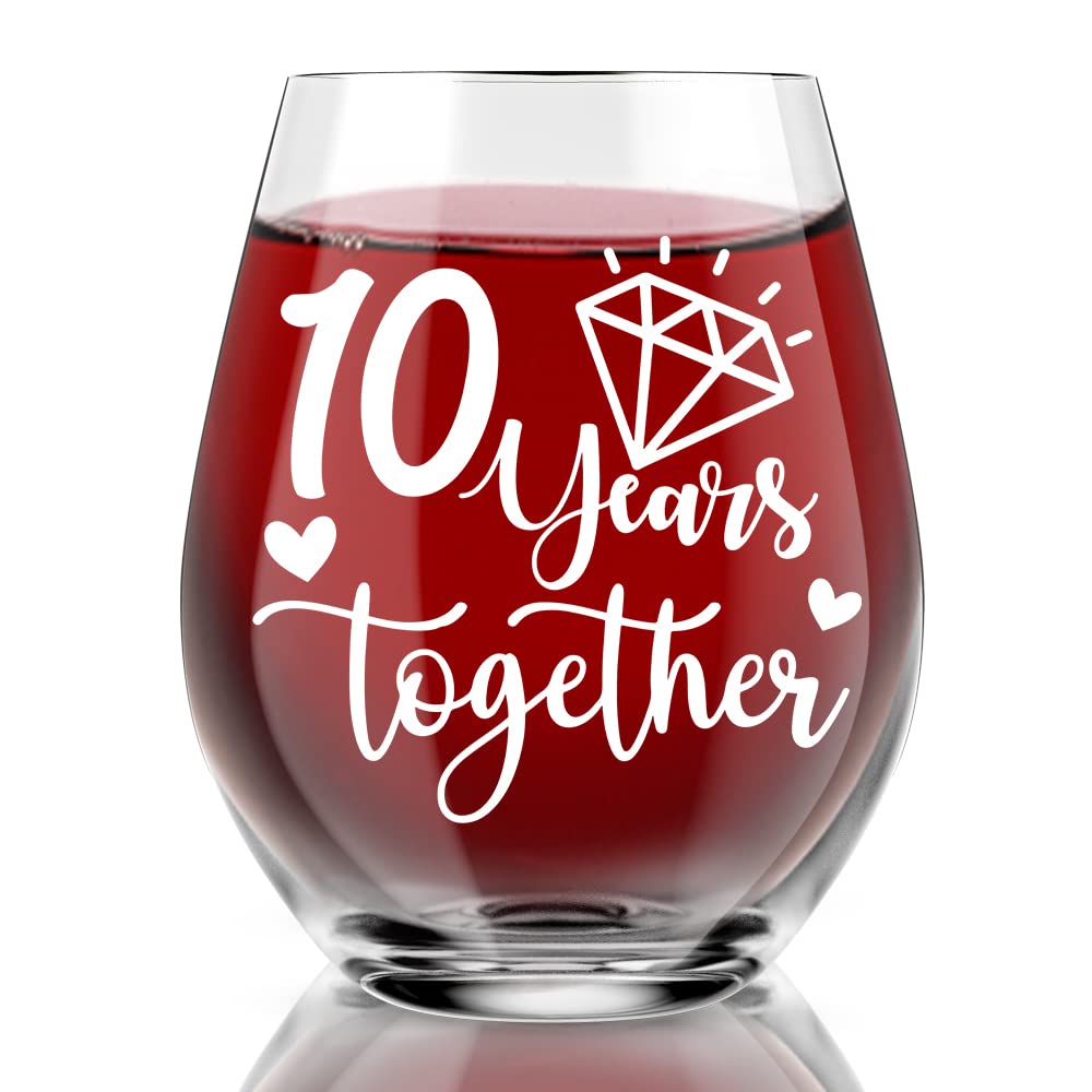 AGMDESIGN Happy 10th Anniversary Wine Glass, 10 Years Together, Wedding Engagement Gifts for Women Men, 10 Year Anniversary Party Decor, His And Hers Gifts Ideas for Anniversary