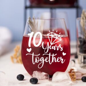 AGMDESIGN Happy 10th Anniversary Wine Glass, 10 Years Together, Wedding Engagement Gifts for Women Men, 10 Year Anniversary Party Decor, His And Hers Gifts Ideas for Anniversary