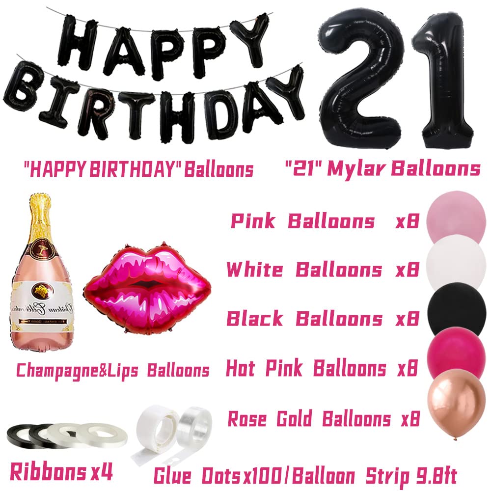 21st Birthday Decorations for Her Black Pink 21st Bday Decorations for Women, Black 21 Balloon Number Happy Birthday Banner, Pink 21st Birthday Decor 21st Balloons for Her, Finally 21 Party Supplies