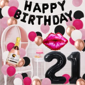 21st Birthday Decorations for Her Black Pink 21st Bday Decorations for Women, Black 21 Balloon Number Happy Birthday Banner, Pink 21st Birthday Decor 21st Balloons for Her, Finally 21 Party Supplies