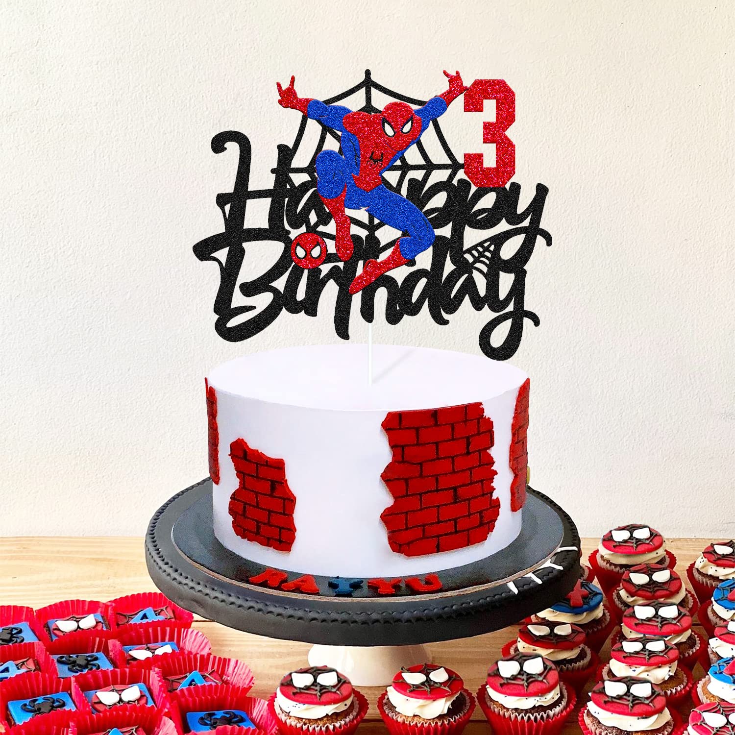 Spider 3rd Cake Topper Spider Birthday Cake Decoration Spider Happy Birthday Cake Decor for Men Boy Children Bday Party Supplies Double Sided Glitter Black Décor