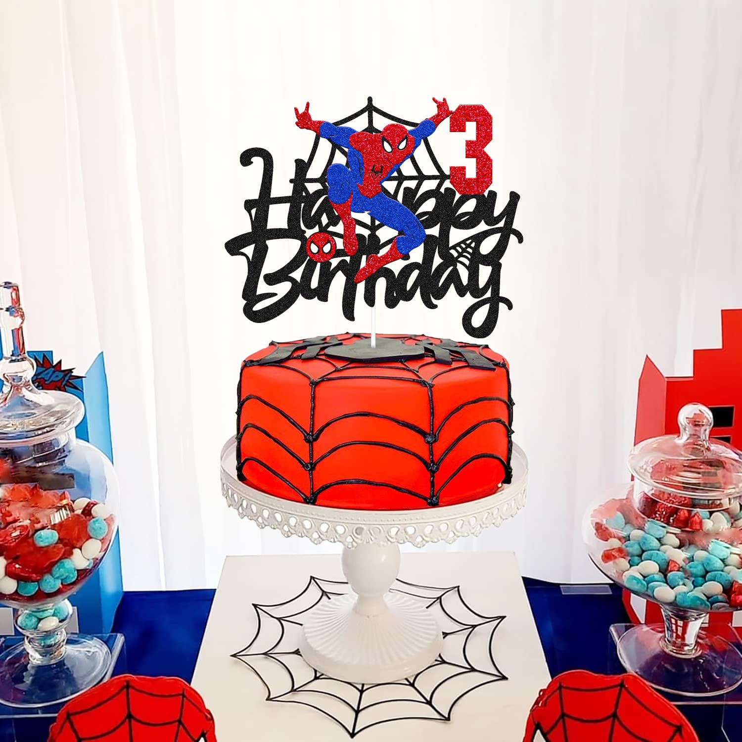 Spider 3rd Cake Topper Spider Birthday Cake Decoration Spider Happy Birthday Cake Decor for Men Boy Children Bday Party Supplies Double Sided Glitter Black Décor