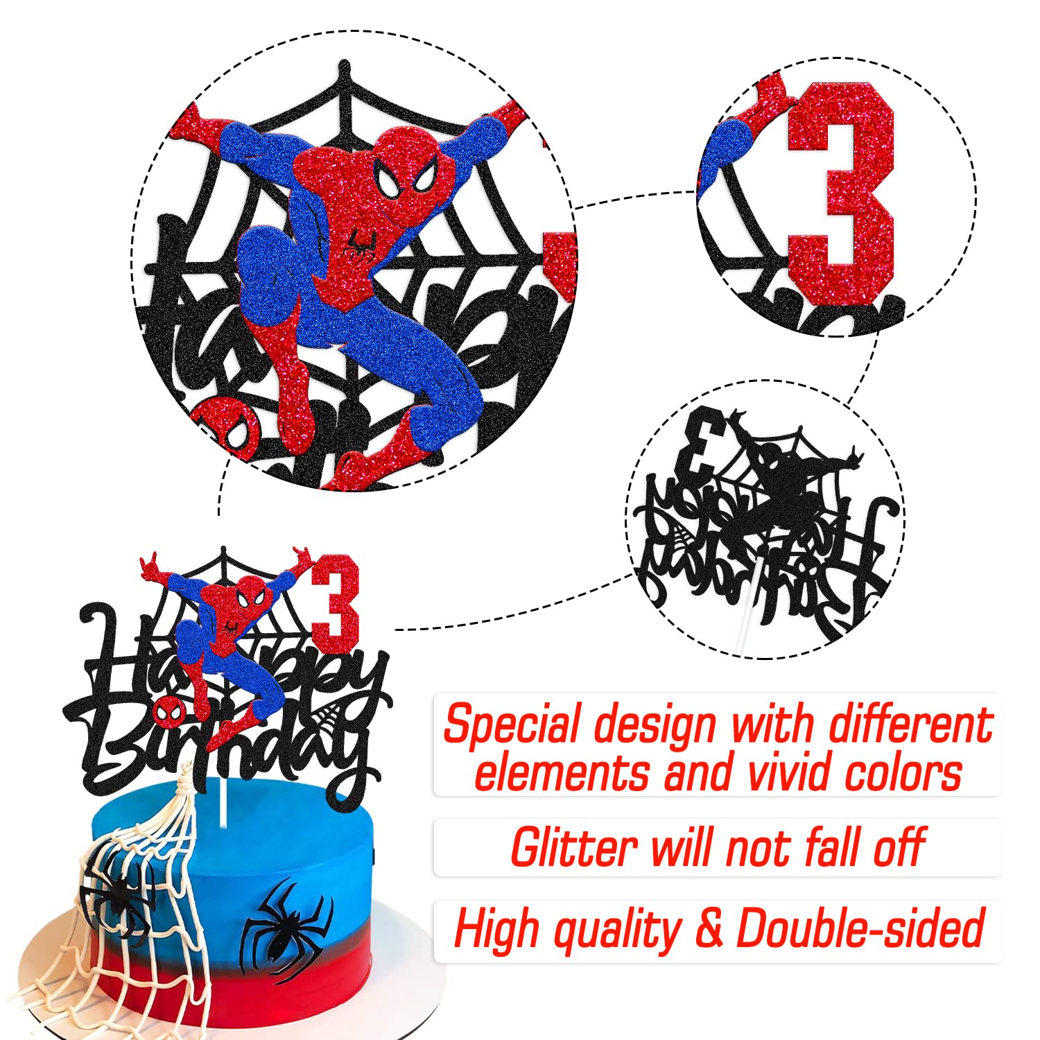 Spider 3rd Cake Topper Spider Birthday Cake Decoration Spider Happy Birthday Cake Decor for Men Boy Children Bday Party Supplies Double Sided Glitter Black Décor