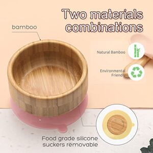 Baby Bamboo Bowls with Suction and Matching Spoon Set - 2PC Feeding Supplies Set for Infant, Toddlers - Detachable Silicone Suction Stay Put Base for Wooden Bowl - BPA Free （Marble）