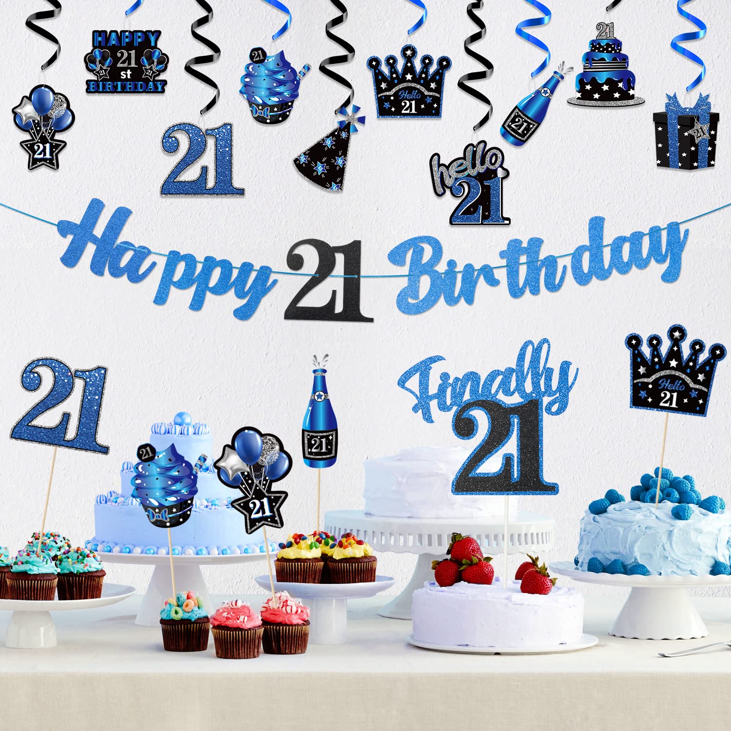 WATINC 42pcs 21st Blue Birthday Banner Party Decorations, Hello 21 Glitter Hanging Garlands Swirls Signs for 21 Years Old Party Favor, Blue Black Sliver Cake Topper Centerpieces Home Table Decor