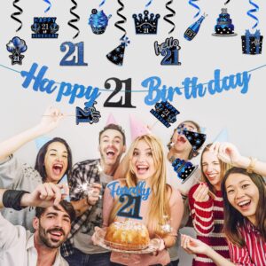 WATINC 42pcs 21st Blue Birthday Banner Party Decorations, Hello 21 Glitter Hanging Garlands Swirls Signs for 21 Years Old Party Favor, Blue Black Sliver Cake Topper Centerpieces Home Table Decor