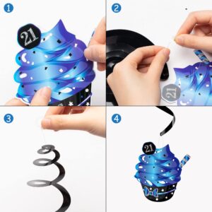 WATINC 42pcs 21st Blue Birthday Banner Party Decorations, Hello 21 Glitter Hanging Garlands Swirls Signs for 21 Years Old Party Favor, Blue Black Sliver Cake Topper Centerpieces Home Table Decor