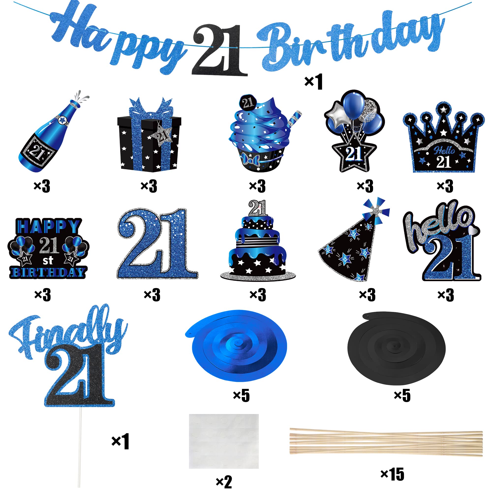 WATINC 42pcs 21st Blue Birthday Banner Party Decorations, Hello 21 Glitter Hanging Garlands Swirls Signs for 21 Years Old Party Favor, Blue Black Sliver Cake Topper Centerpieces Home Table Decor