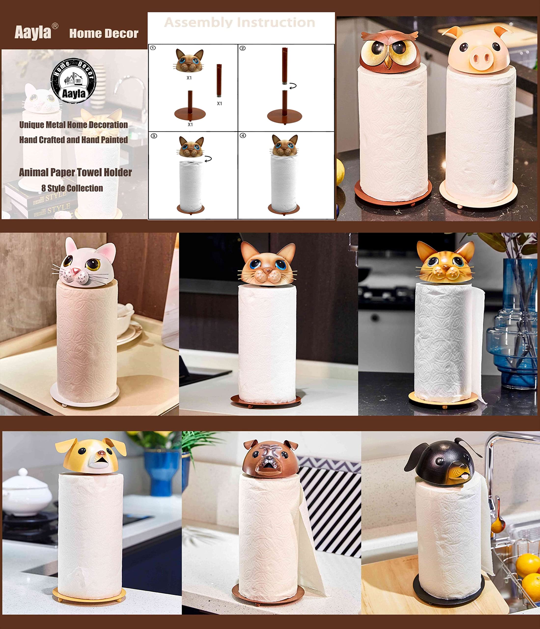 Aayla Paper Towel Holder - Metal Unique Owl Paper Towel Roll Stand for Counter Top of Kitchen Home Dining Bathroom, Adorable Gifts for Cat Dog Pet Lovers (Owl)