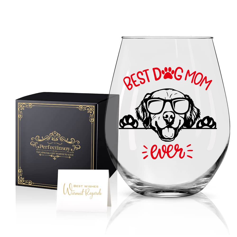 Perfectinsoy Dog Mom Ever Wine Glass with Gift Box, Cute Golden Retriever Themed, Dog Lover Gifts for Her, Dog Moms, Grandma, Wife, Sister, Wine Glass Gift for Dog Lovers