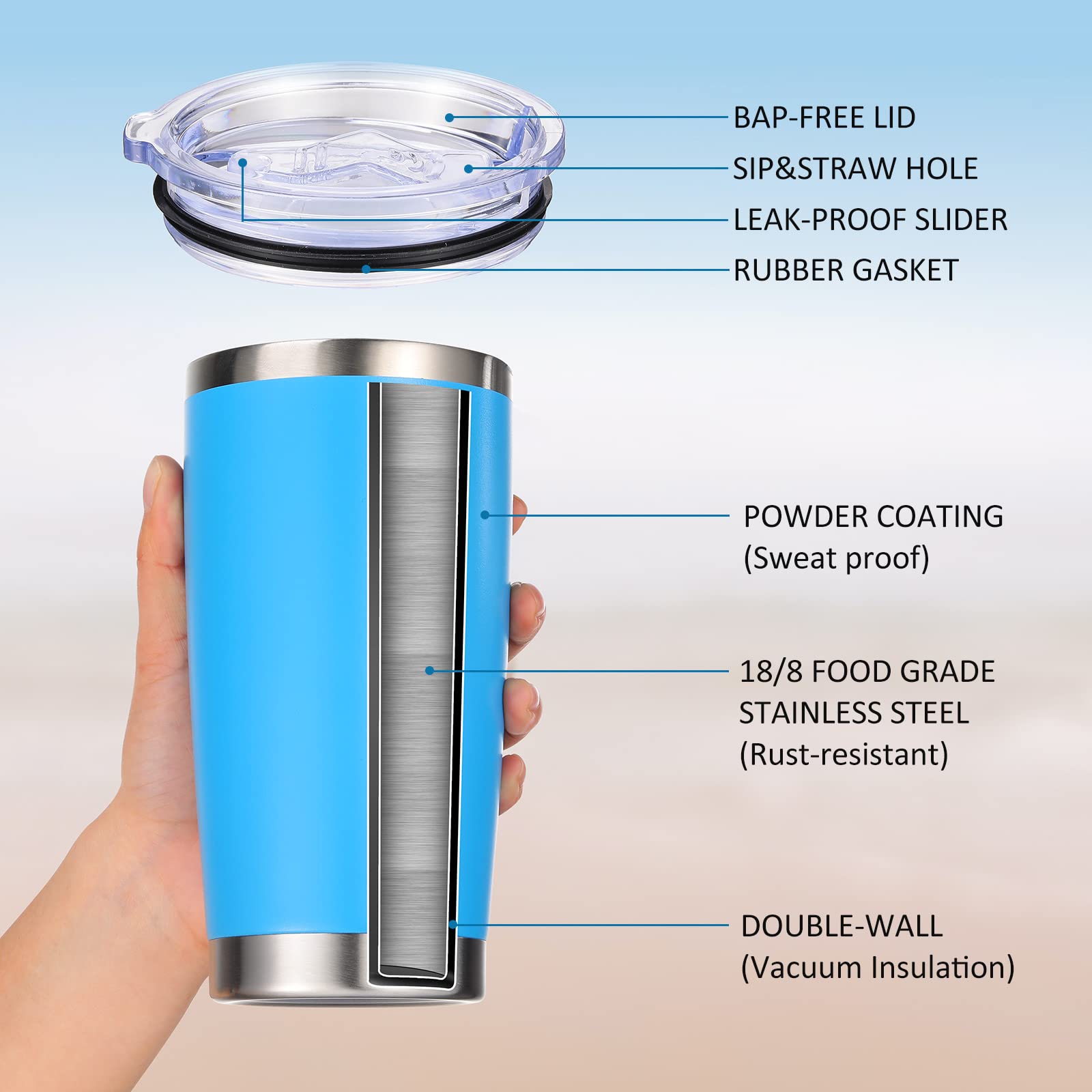 12 Pieces 20oz Stainless Steel Tumbler Set with Lid Double Wall Vacuum Insulated Travel Mug Colorful Skinny Coffee Tumbler for Coffee Water Hot Cold Drinks