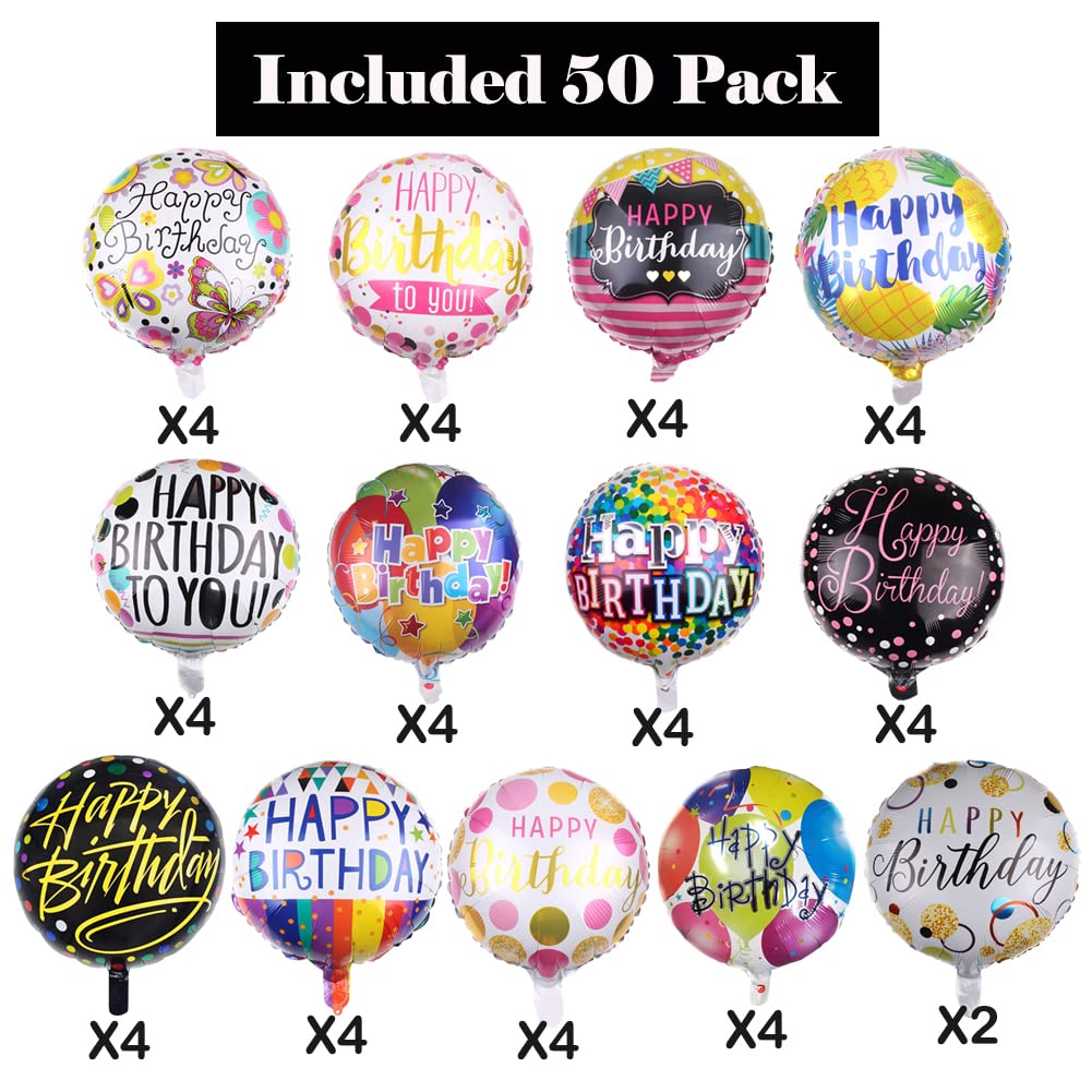 50 Pieces Happy Birthday Party Aluminum Foil Balloons 18" Foil Mylar Helium Balloon Round Inflatable Balloons for Birthday Parties Baby Shower Decorations Supplies