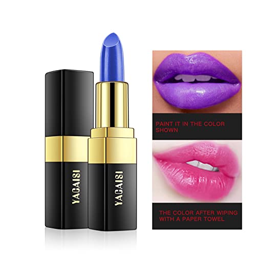 MEICOLY Blue Shimmer Lipstick, Magic Color Changing Lipstick,Tinted Lip Balm(Blue Changed into Pink Lipstick) Labial Magico Lips Moisturizer Lazy Lipstick For Women, Blue