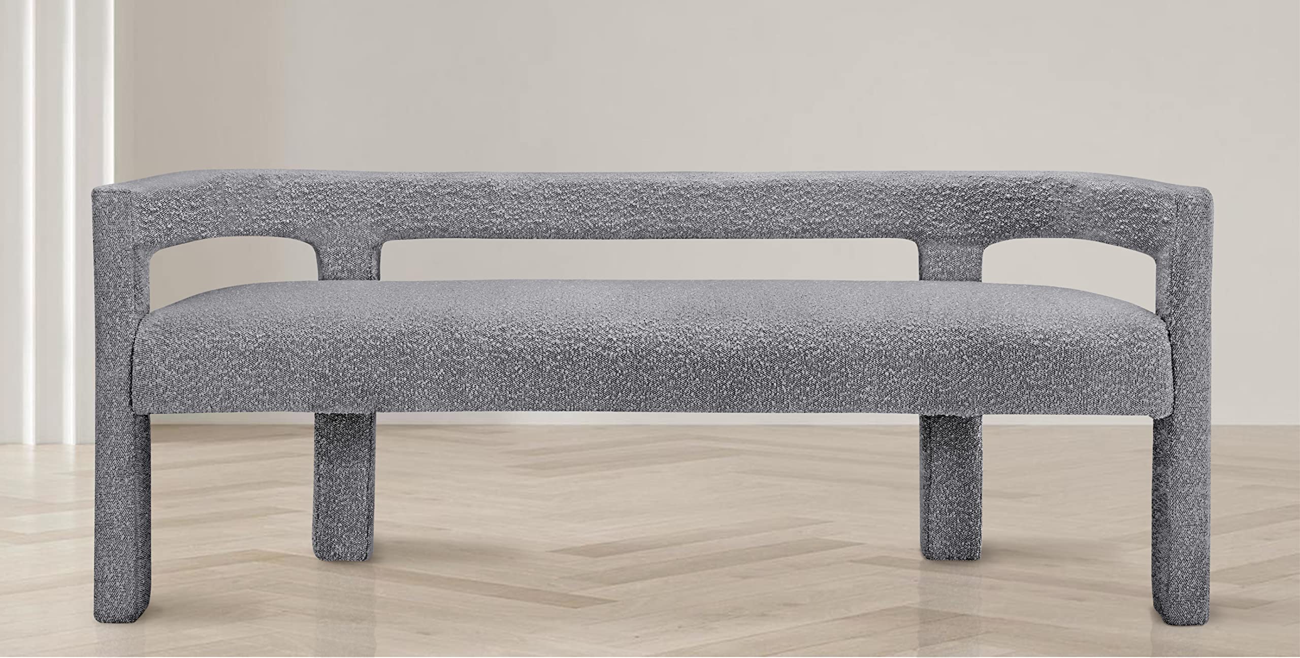 Meridian Furniture Athena Collection Modern | Contemporary Boucle Fabric Upholstered Bench, 66.5" L x 21" D x 27" H, Grey