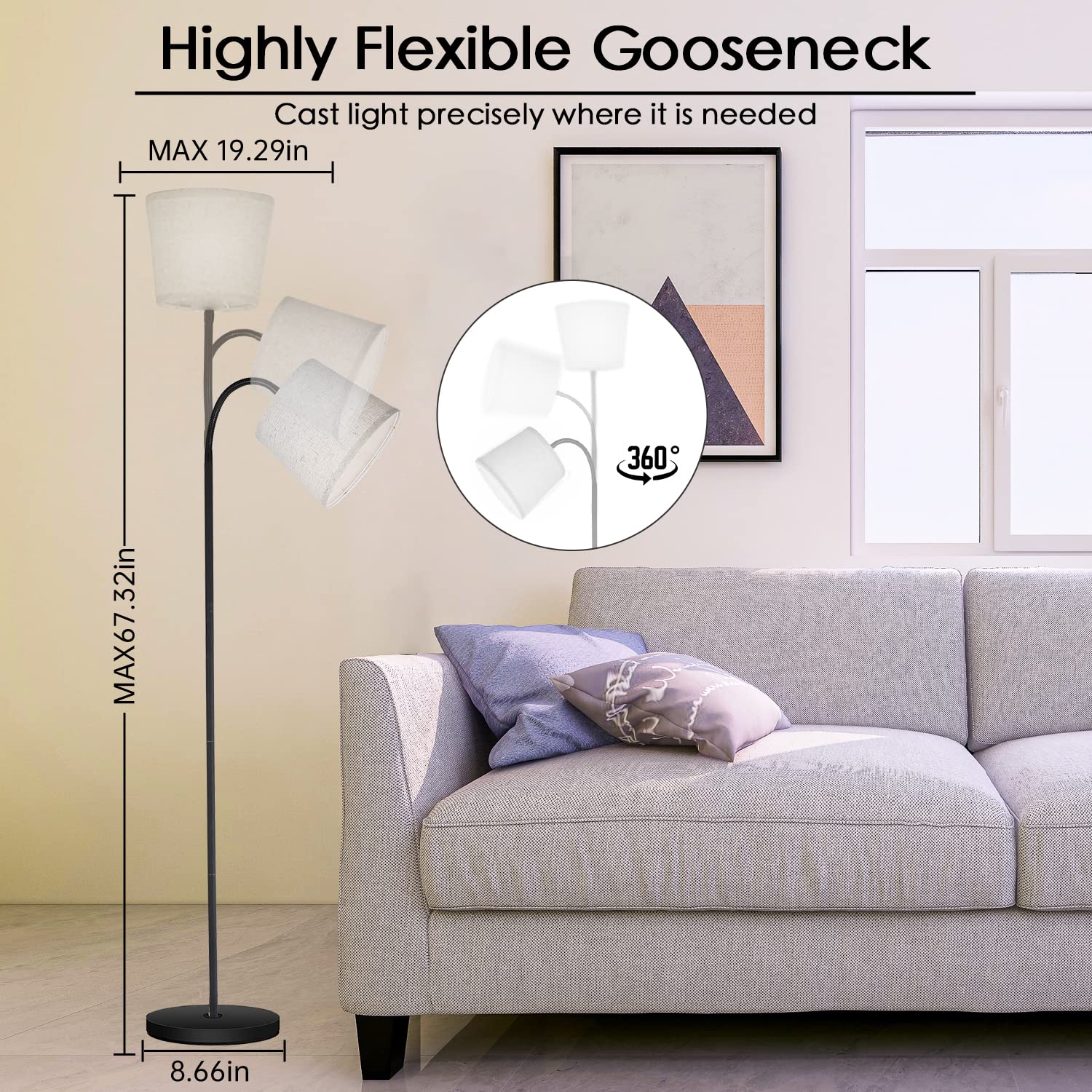 AUQUEE LED Floor Lamp, Standing Lamp for Living Room with Linen Lamp Shade,Adjustable Gooseneck Modern Reading Light,Floor Lamps for Bedroom,Office,Farmhouse,12W LED Bulb Included