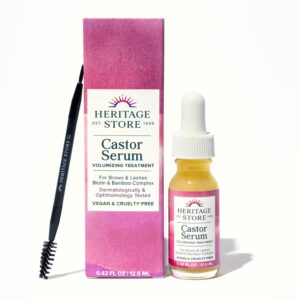 heritage store castor serum volumizing treatment for fuller, longer looking lashes & bold brows, with organic castor oil, black castor oil, biotin & our keratin supporting hair complex, vegan, 0.42 oz