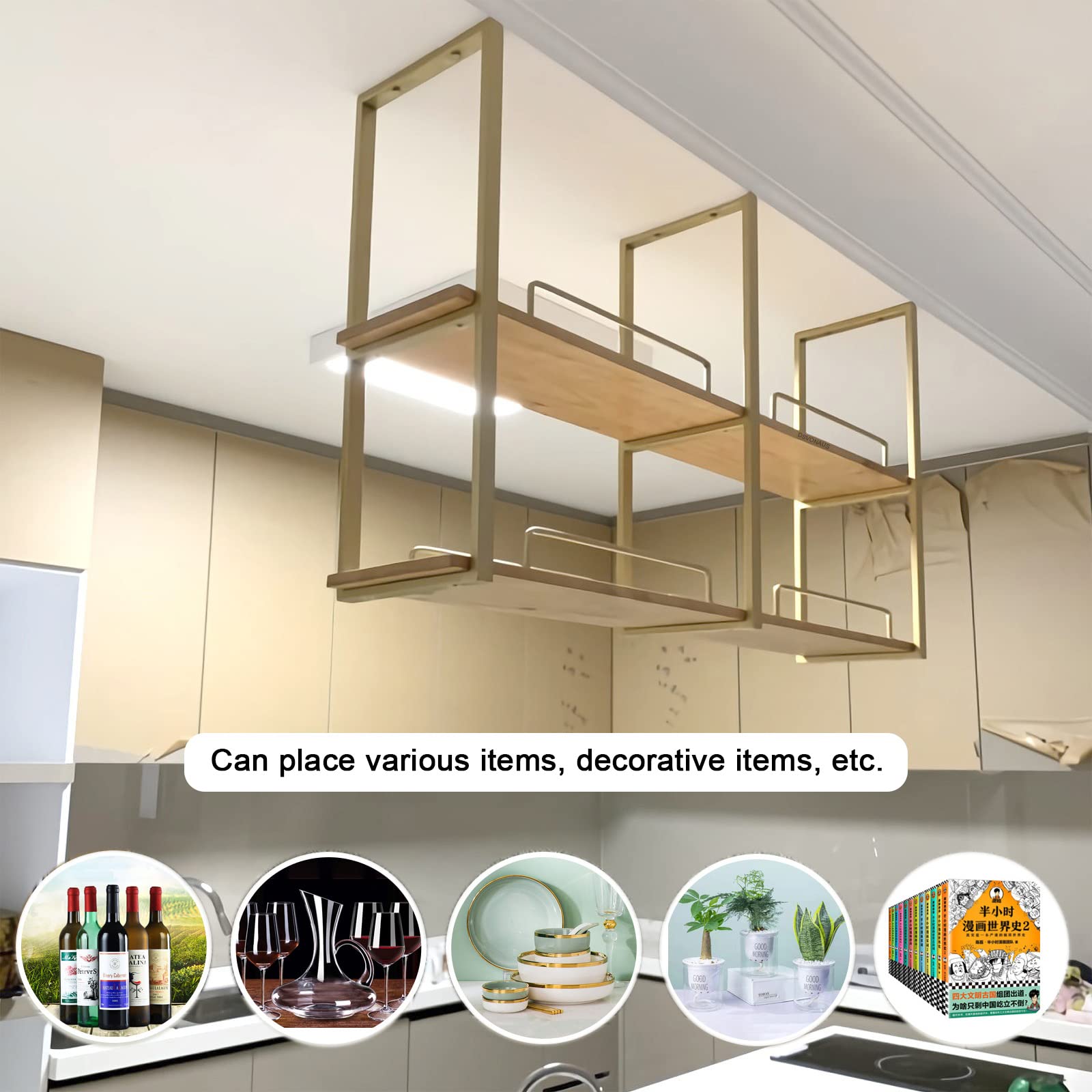 Ceiling Shelf, Hanging Shelf with guardrail - 2 Layer Ceiling Mount Storage Rack with wooden boards, 31.4inch Metal display stand for wine bottle Plants books Storage, for Restaurant, Bar, Cafe