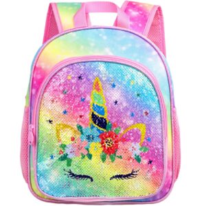 wzlvo toddler backpack for girls, 12" cute unicorn preschool sequin bookbag, kindergarden school bag for little kids