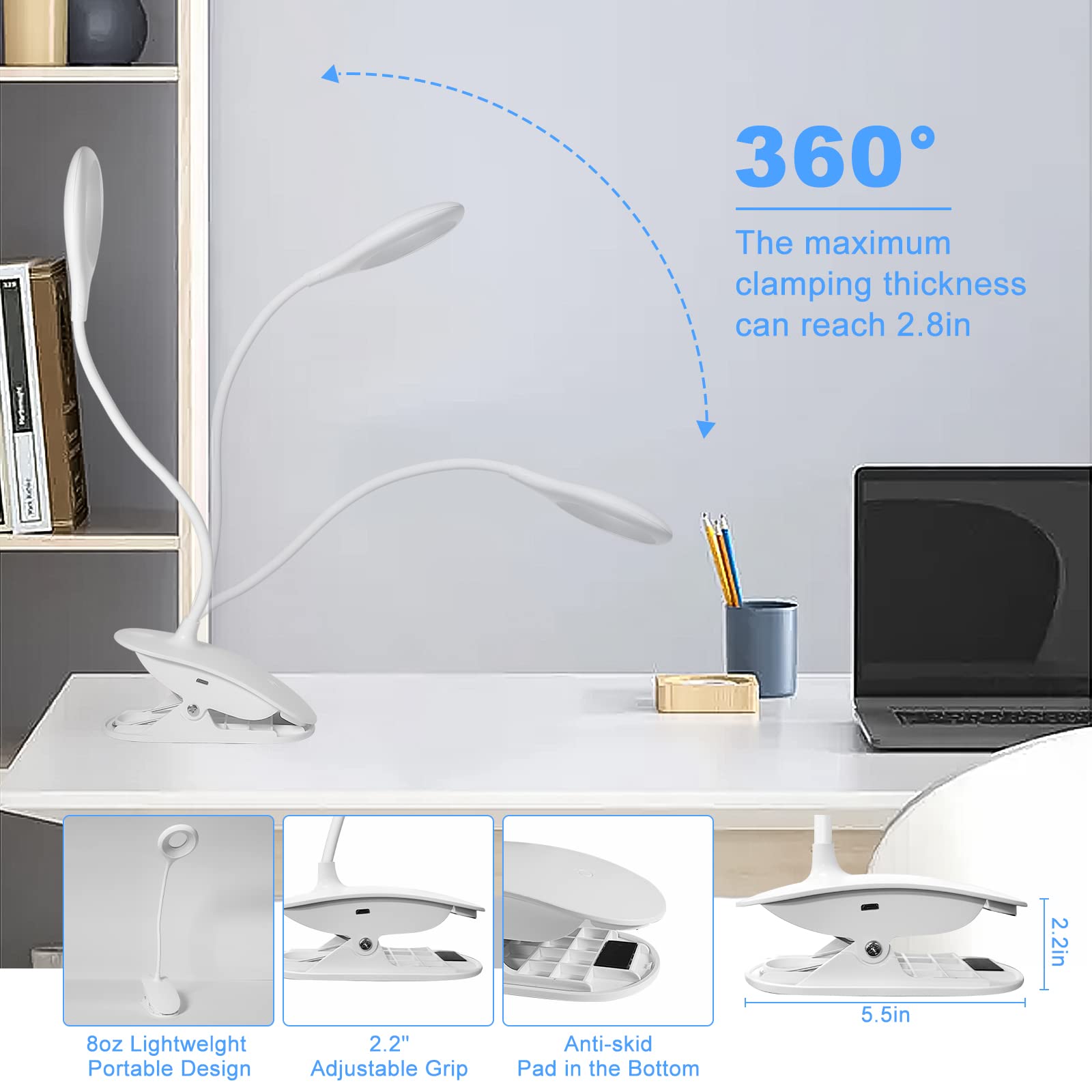 AVEVA Clip on Reading Lights, LED Desk Lamp with Flexible Gooseneck, 3 Color Temperatures, Clamp Light with Touch Control for Dorm Study Office Bedroom, USB Rechargeable, Eye-Caring, and Energy Saving