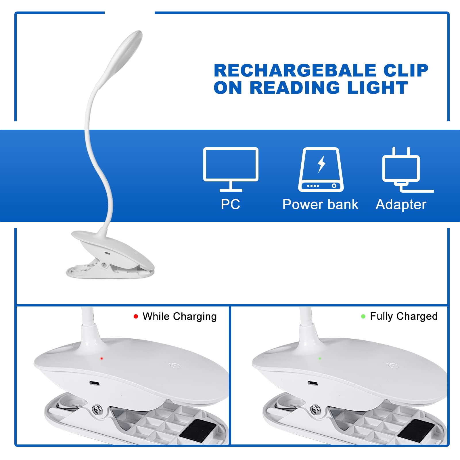 AVEVA Clip on Reading Lights, LED Desk Lamp with Flexible Gooseneck, 3 Color Temperatures, Clamp Light with Touch Control for Dorm Study Office Bedroom, USB Rechargeable, Eye-Caring, and Energy Saving