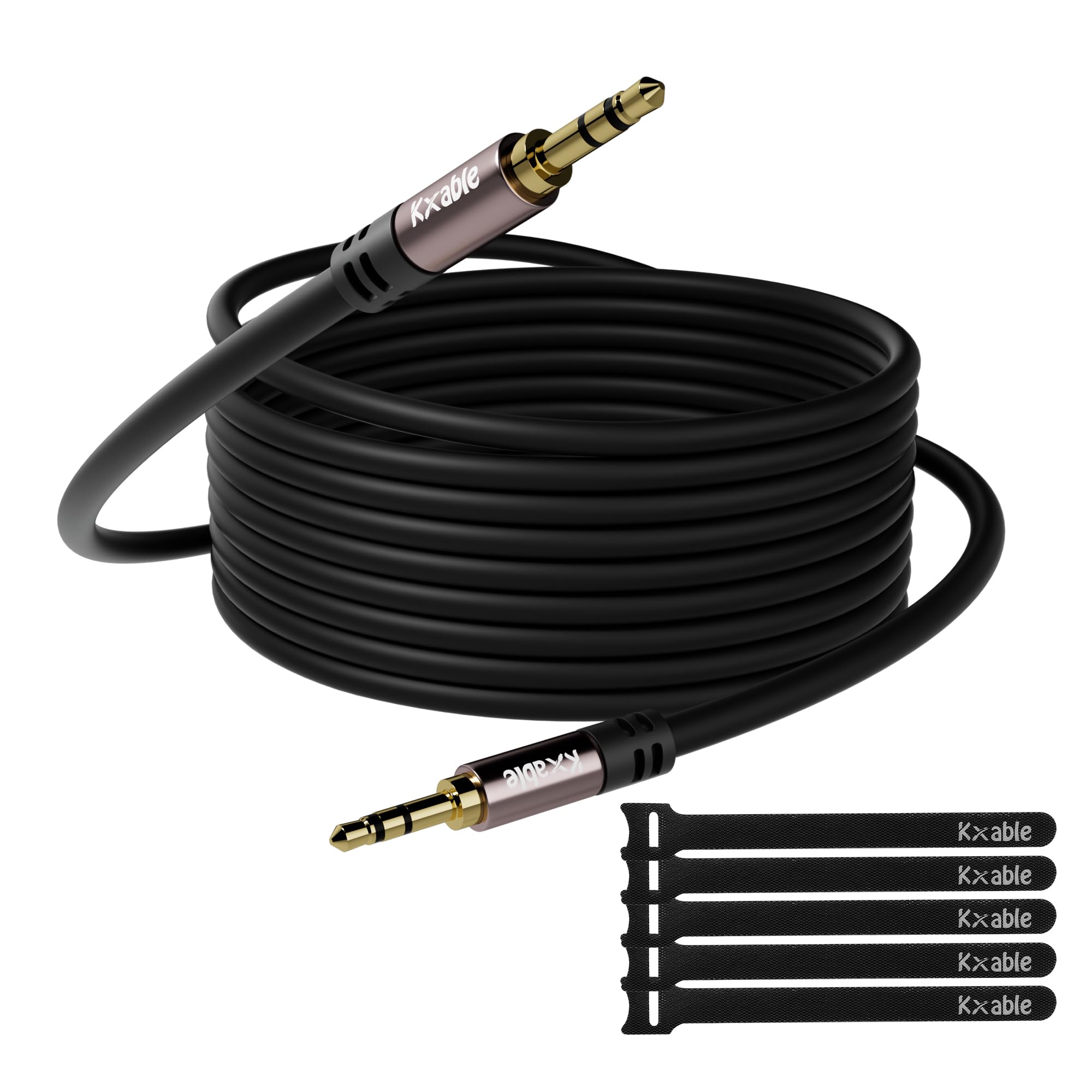 3.5mm Auxiliary Audio Stereo Cable 25 Feet, Long Male to Male Aux Cord, Gold Plated Connectors, OFC Core, Black Cable (with 5 pcs Cable Ties) - 25ft