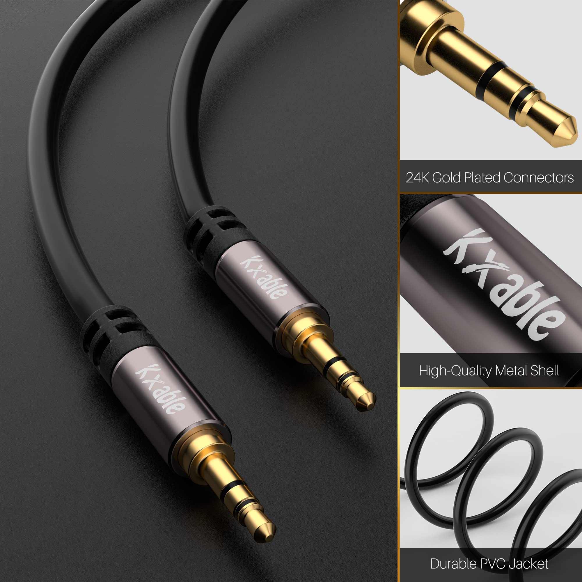 3.5mm Auxiliary Audio Stereo Cable 25 Feet, Long Male to Male Aux Cord, Gold Plated Connectors, OFC Core, Black Cable (with 5 pcs Cable Ties) - 25ft