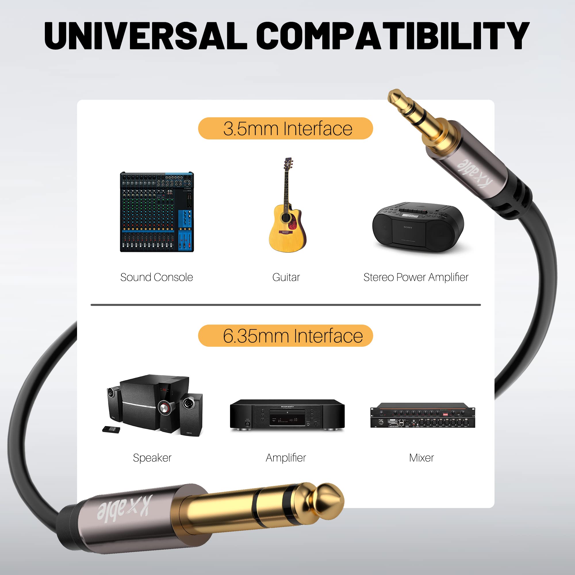 3.5mm to 6.35mm Stereo Audio Cable 25 Feet, Long 1/4 to 1/8 inch Headphone Cable Jack, Hi-Fi Sound, Gold Plated Connectors, OFC Core, Black Cable (with 5 pcs Cable Ties) - 25ft