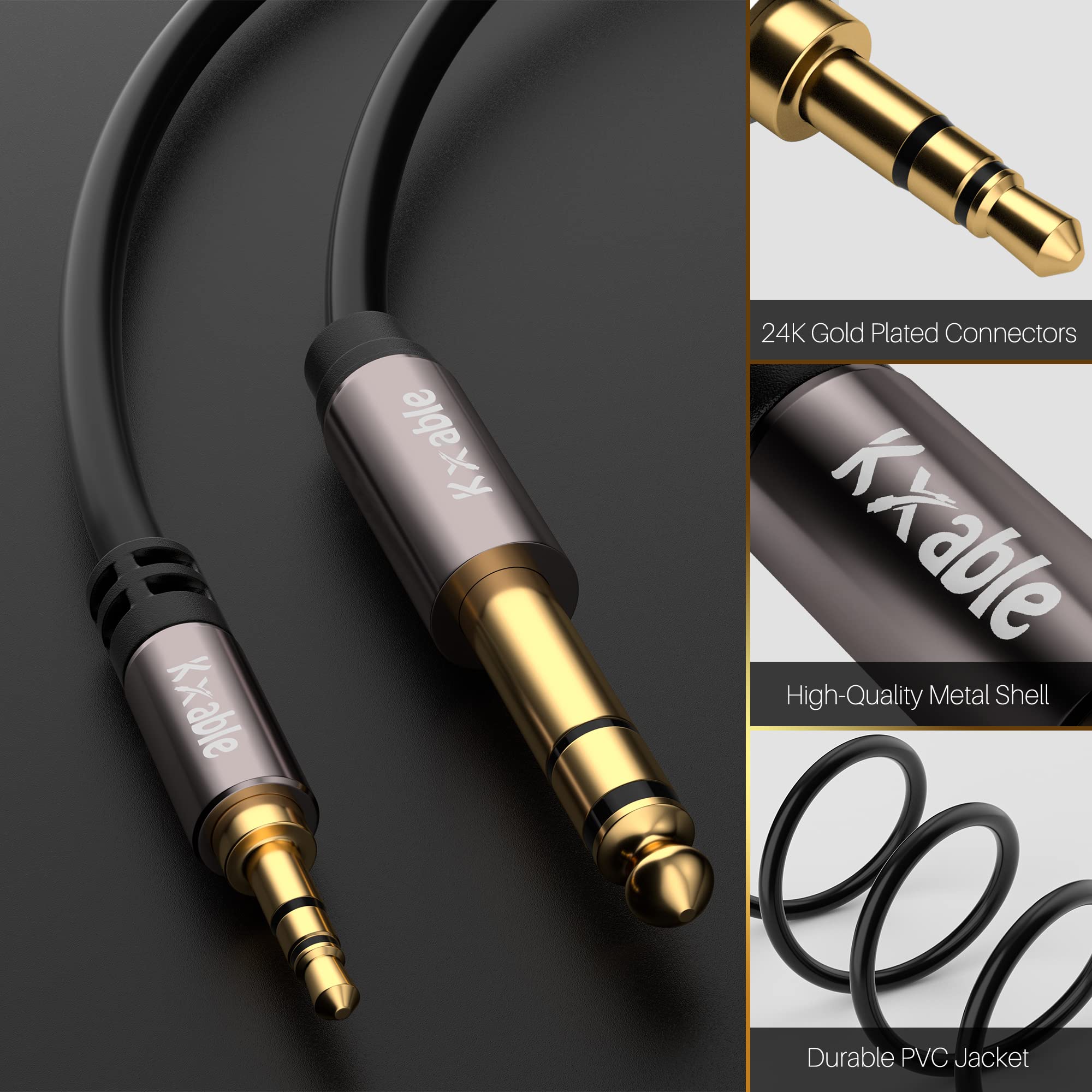 3.5mm to 6.35mm Stereo Audio Cable 25 Feet, Long 1/4 to 1/8 inch Headphone Cable Jack, Hi-Fi Sound, Gold Plated Connectors, OFC Core, Black Cable (with 5 pcs Cable Ties) - 25ft