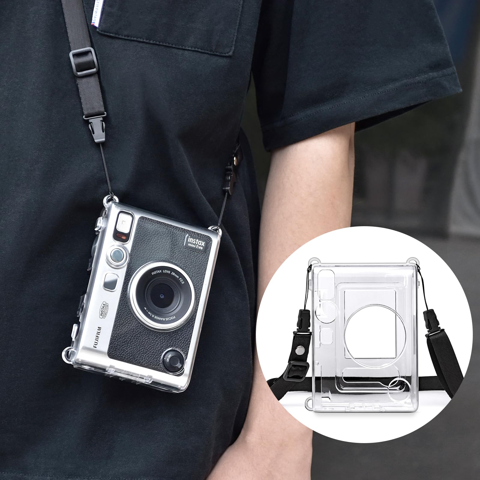 MUZIRI KINOKOO Clear EVO Case for Fujifilm Instax Mini EVO/Polaroid Mini EVO Camera - Hard PVC Fuji Mini EVO Carrying Protective Case with Shoulder Strap -Transparent