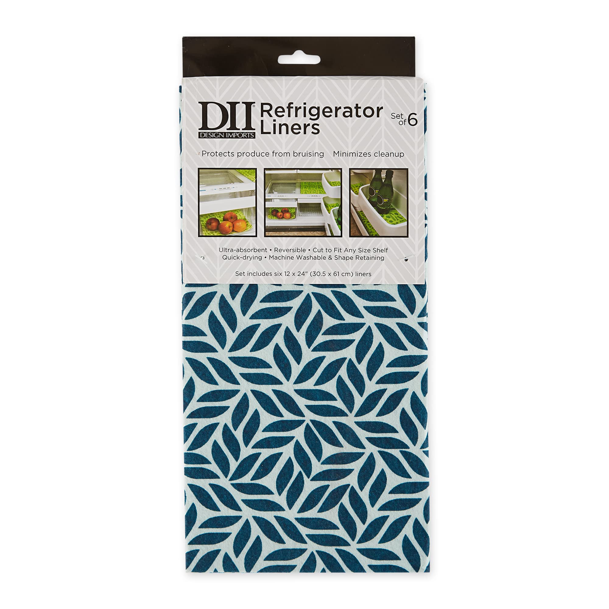 DII Fridge Liner Collection Non-Adhesive, Cut to Fit, 12x24, Nautical Blue Abstract Leaf, 6 Piece