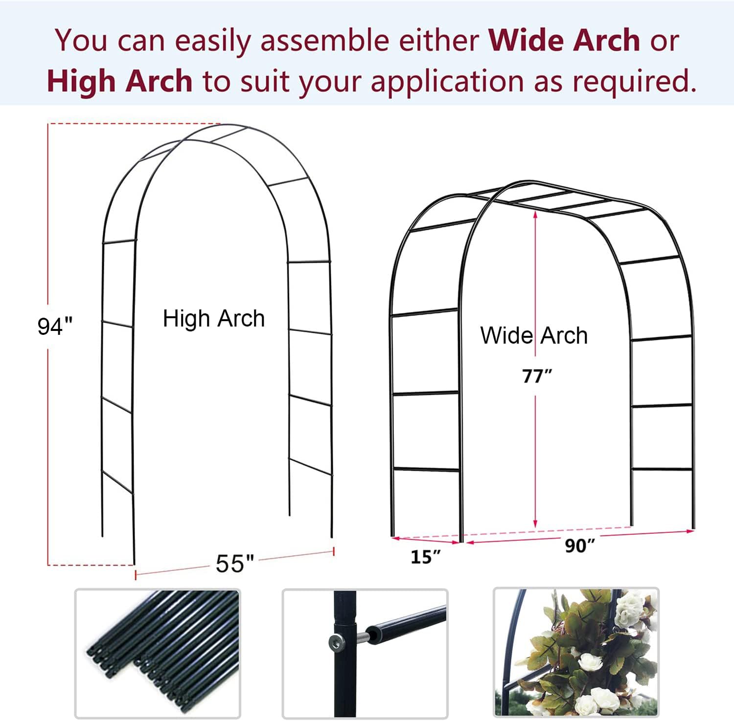 Metal Pergola Arbor, Outdoor Flower Garden Arch Trellis, Durable Steel Garden Arbor for Climbing Plants, Wedding Decoration, 7'8" H x 4'5" W