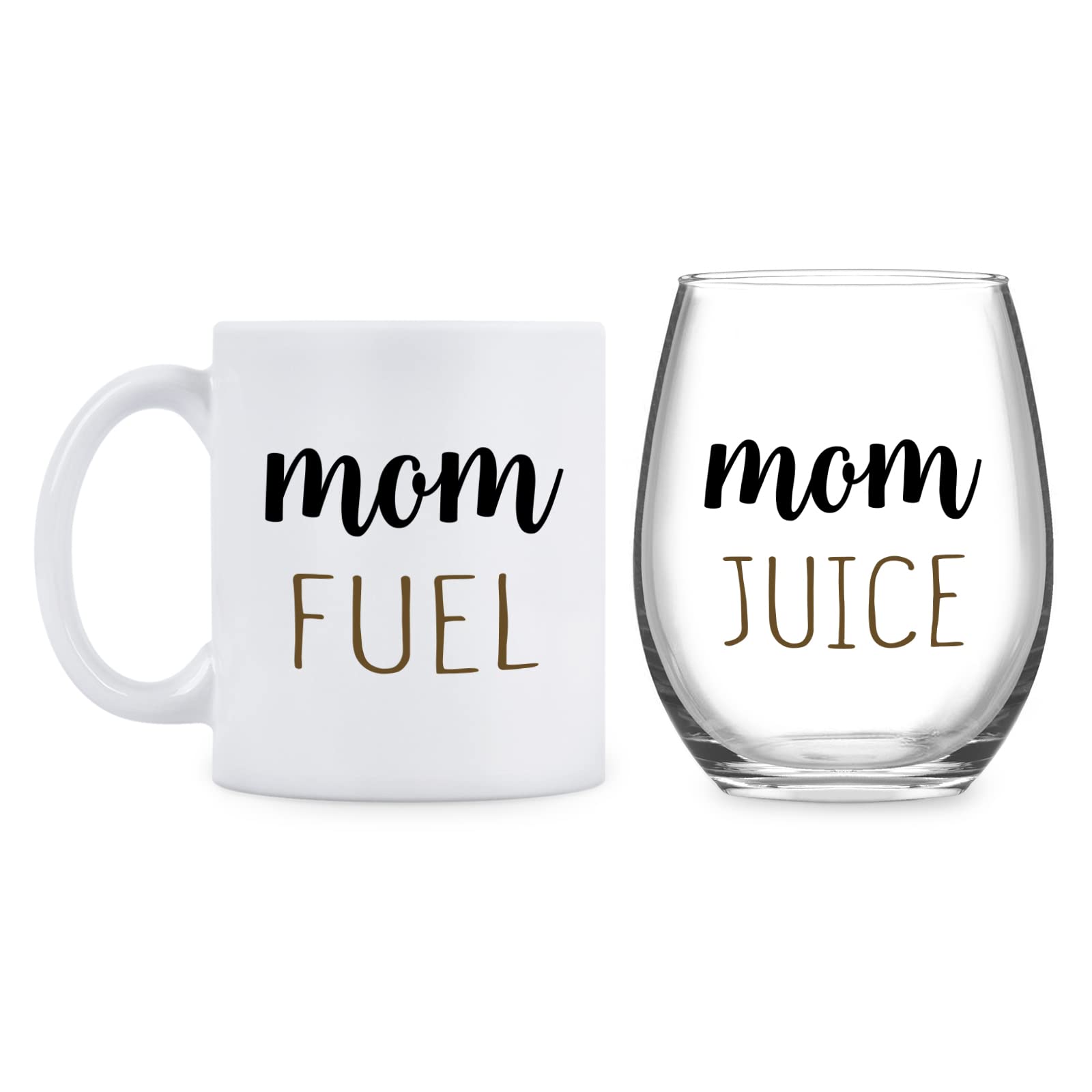 Gtmileo Mom Fuel Ceramic Coffe Mug 11Oz & Mom Juice Wine Glass 15Oz Set of 2 - Funny Mother's Day Gift Set for Mom Mommy Mama Wife, Ideal Birthday Christmas Gift from Daughter, Son, Husband, Friends