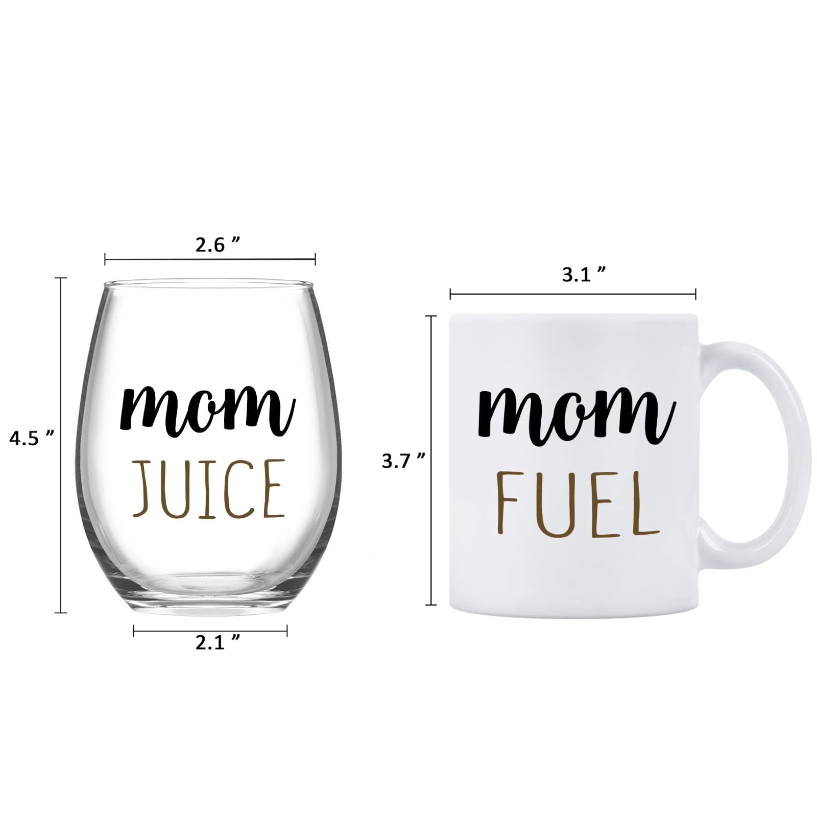 Gtmileo Mom Fuel Ceramic Coffe Mug 11Oz & Mom Juice Wine Glass 15Oz Set of 2 - Funny Mother's Day Gift Set for Mom Mommy Mama Wife, Ideal Birthday Christmas Gift from Daughter, Son, Husband, Friends