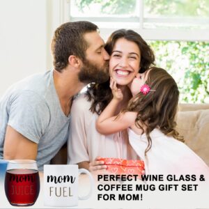 Gtmileo Mom Fuel Ceramic Coffe Mug 11Oz & Mom Juice Wine Glass 15Oz Set of 2 - Funny Mother's Day Gift Set for Mom Mommy Mama Wife, Ideal Birthday Christmas Gift from Daughter, Son, Husband, Friends