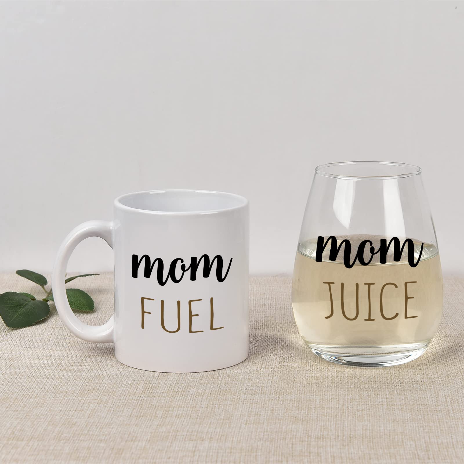 Gtmileo Mom Fuel Ceramic Coffe Mug 11Oz & Mom Juice Wine Glass 15Oz Set of 2 - Funny Mother's Day Gift Set for Mom Mommy Mama Wife, Ideal Birthday Christmas Gift from Daughter, Son, Husband, Friends