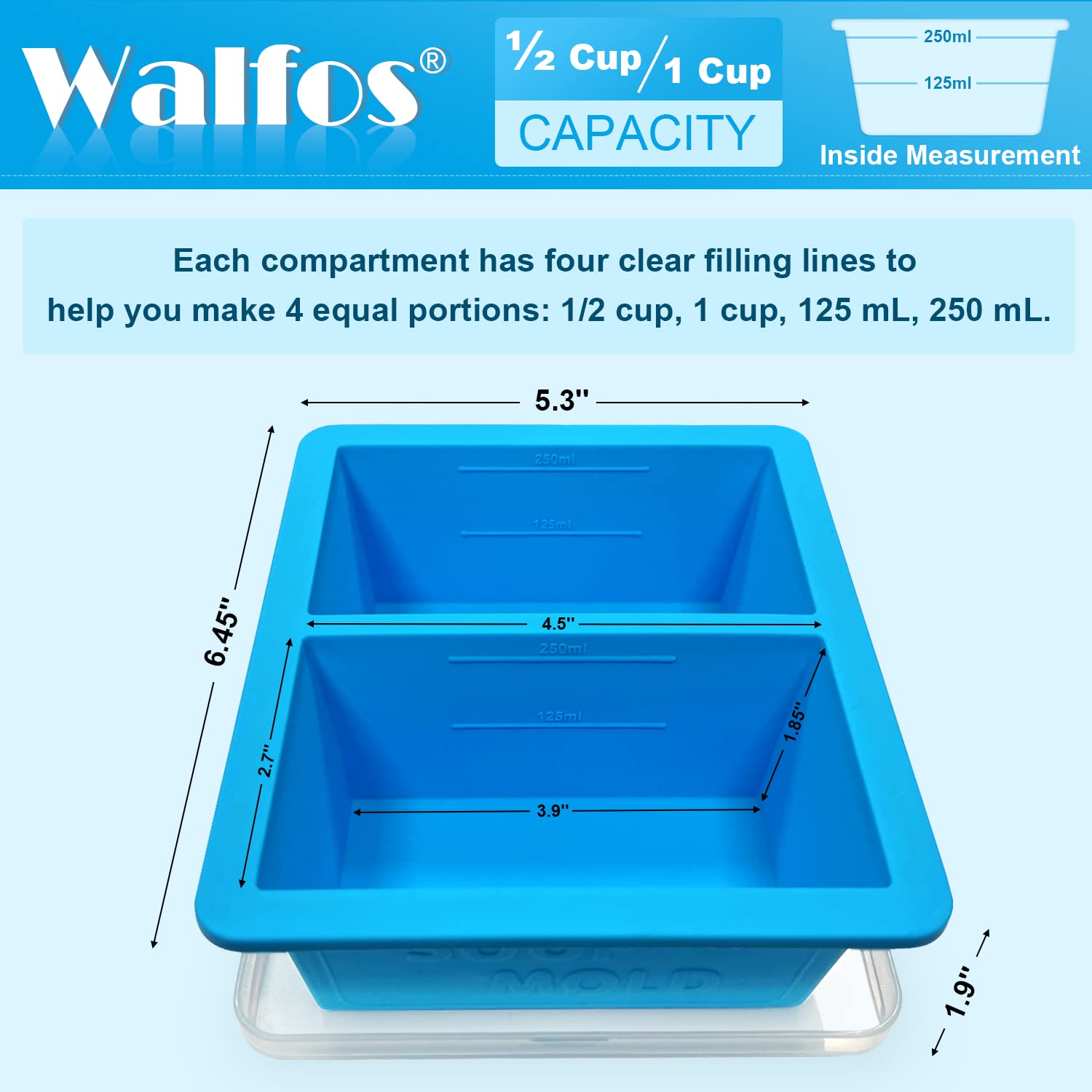 Extra-Large Silicone Freezing Tray with Lid, Walfos 1-Cup Freezer Tray for Soup, Silicone Soup Freezer Container For Storing and Freezing Soup, Broth, Sauce and Ice, 2 Pack