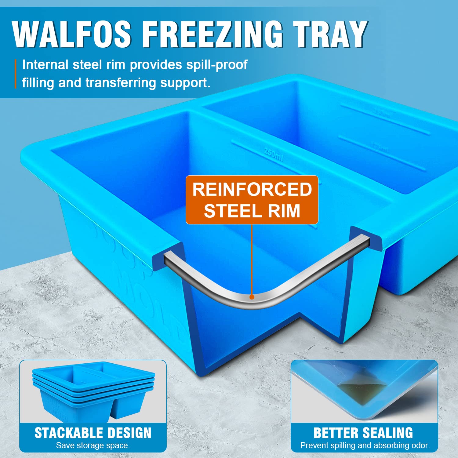 Extra-Large Silicone Freezing Tray with Lid, Walfos 1-Cup Freezer Tray for Soup, Silicone Soup Freezer Container For Storing and Freezing Soup, Broth, Sauce and Ice, 2 Pack