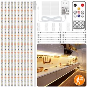 lafulit 10 pcs under cabinet lights kit, motion sensor led strip lights with remote, dimmable and timer warm white counter lights for kitchen cabinets, cupboards, closets, stairs, shelf, desk, and bed