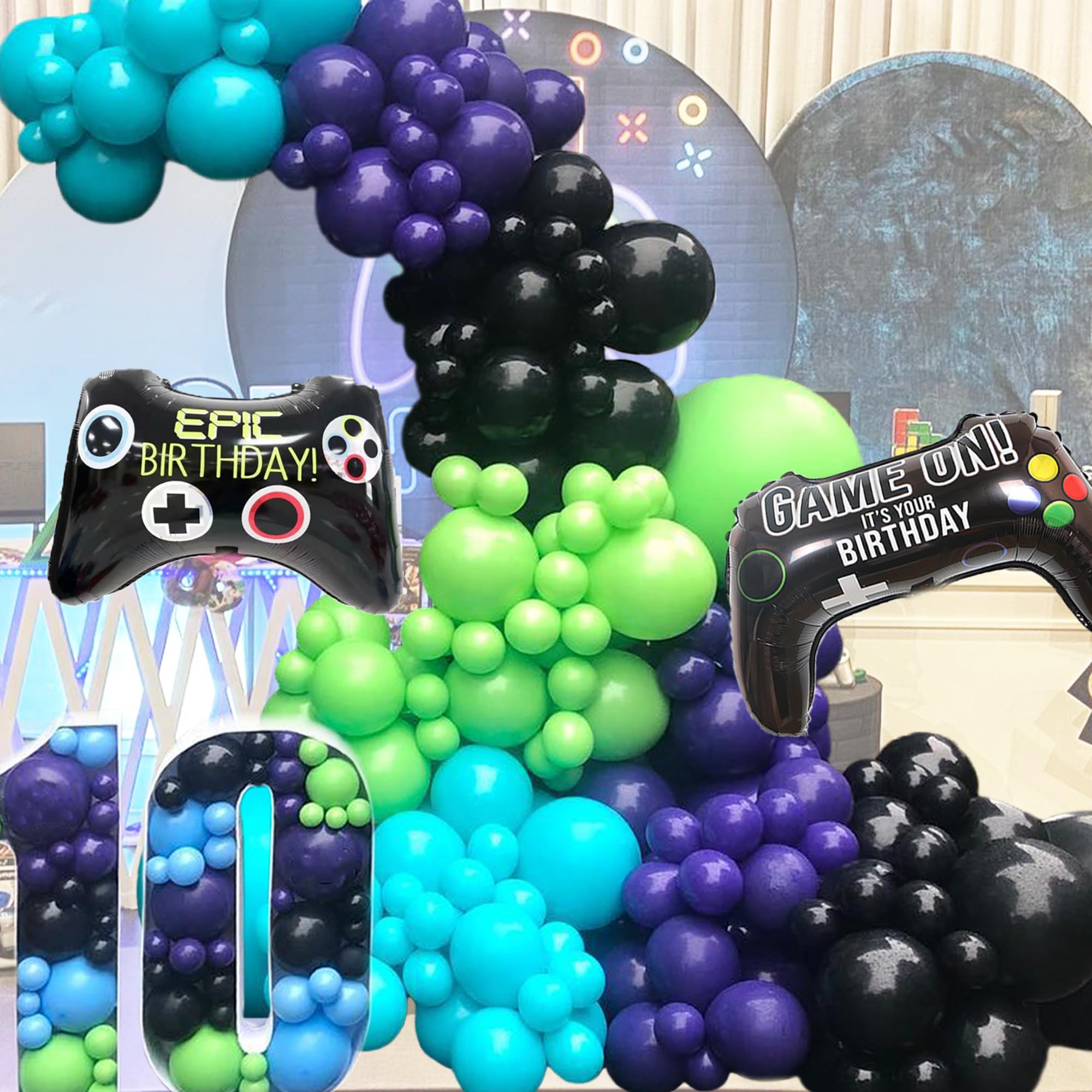 D-BUPU Video Game Balloon Garland Kit for Birthday,Tiffany Blue Black Purple Green Balloons with Game Foil Balloons Arch for Game Party Supplies Gamer Decorations