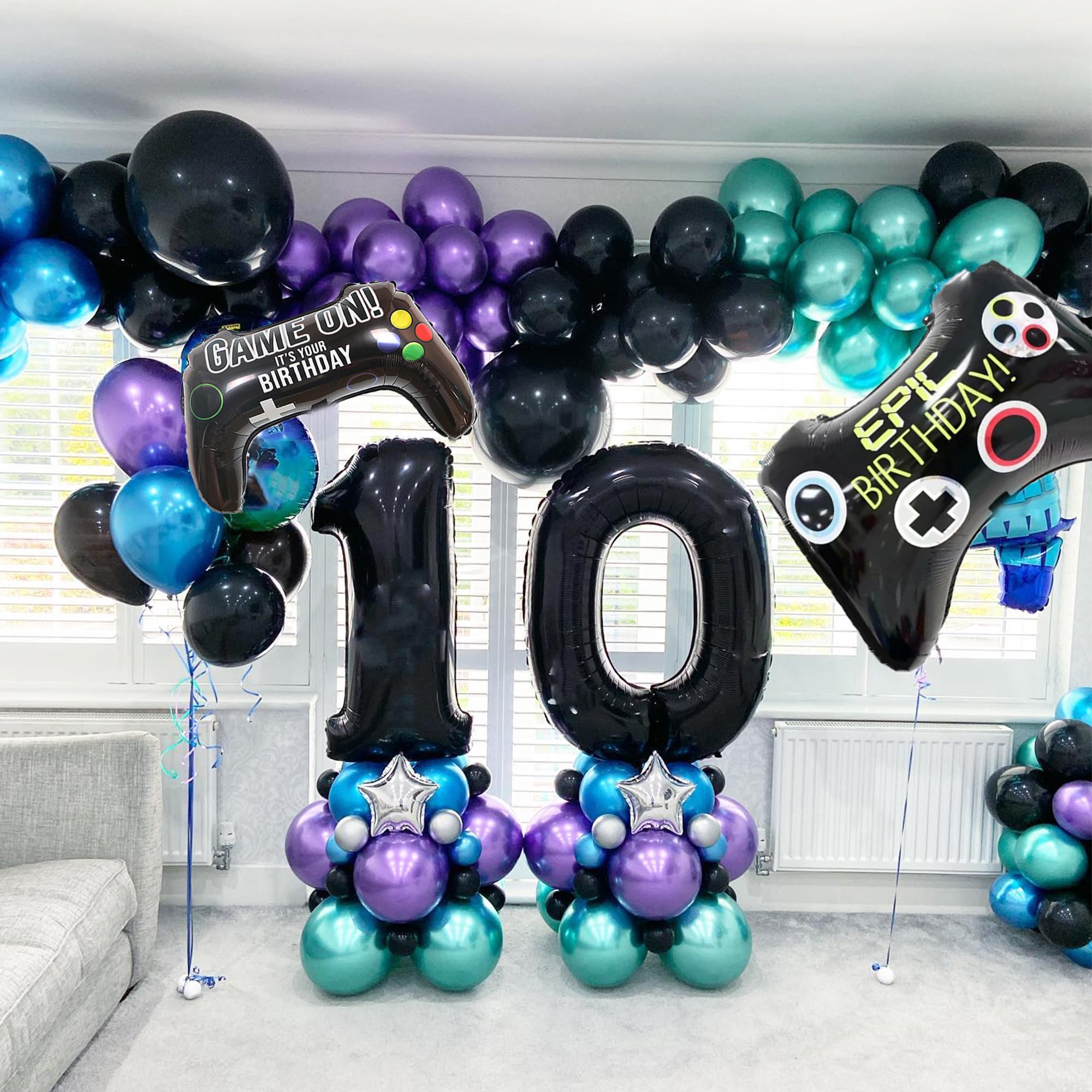 D-BUPU Video Game Balloon Garland Kit for Birthday,Tiffany Blue Black Purple Green Balloons with Game Foil Balloons Arch for Game Party Supplies Gamer Decorations